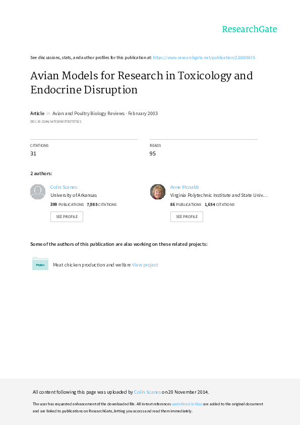 (PDF) Avian Models for Research in Toxicology and Endocrine Disruption