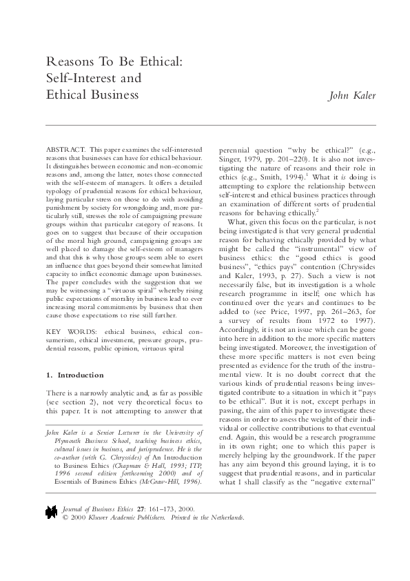 (PDF) Reasons to Be Ethical: Self-Interest and Ethical Business