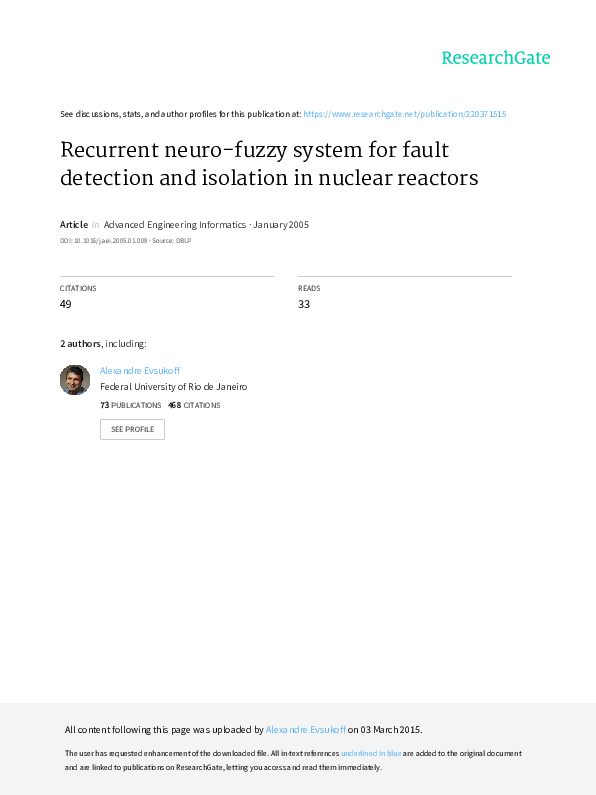 Pdf Recurrent Neuro Fuzzy System For Fault Detection And Isolation In Nuclear Reactors