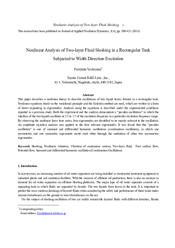 (PDF) Nonlinear Analysis of Two-Layer Fluid Sloshing Dynamics