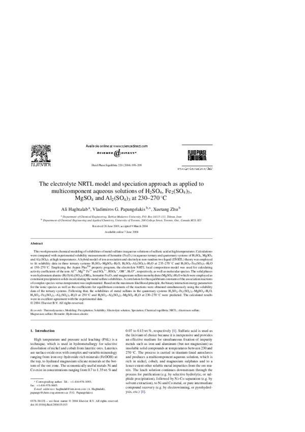 (PDF) The Electrolyte NRTL Model and Speciation Approach As Applied to Multicomponent Aqueous ...