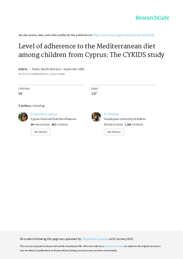 (PDF) Level of Adherence to the Mediterranean Diet Among Children From ...