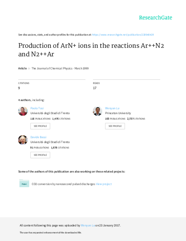 (PDF) Production of ArN+ ions in the reactions Ar++N2 and N2++Ar