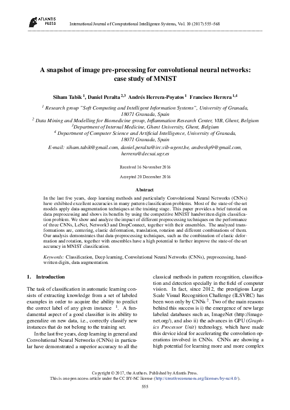 (PDF) A snapshot of image pre-processing for convolutional neural networks: case study of MNIST