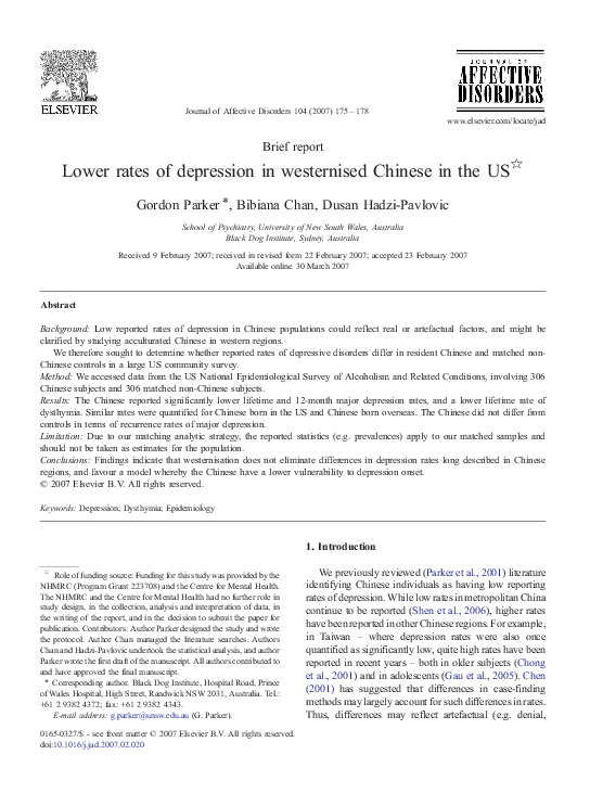 (PDF) Lower Rates of Depression In Westernised Chinese In the US