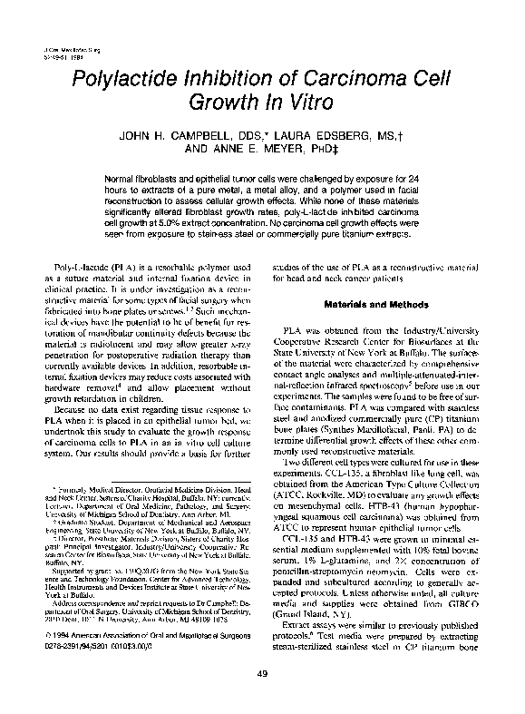 (PDF) Polylactide inhibition of carcinoma cell growth in vitro