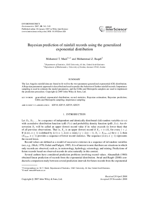 Pdf Bayesian Prediction Of Rainfall Records Using The Generalized Exponential Distribution