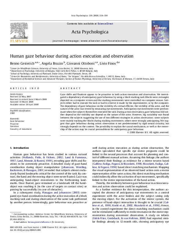 Pdf Human Gaze Behaviour During Action Execution And Observation