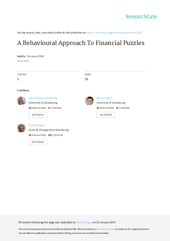 (PDF) A Behavioural Approach To Financial Puzzles