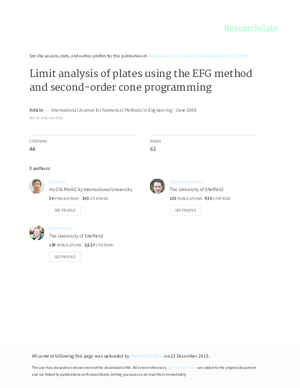 Pdf Limit Analysis Of Plates Using The Efg Method And Second Order Cone Programming Canh Le