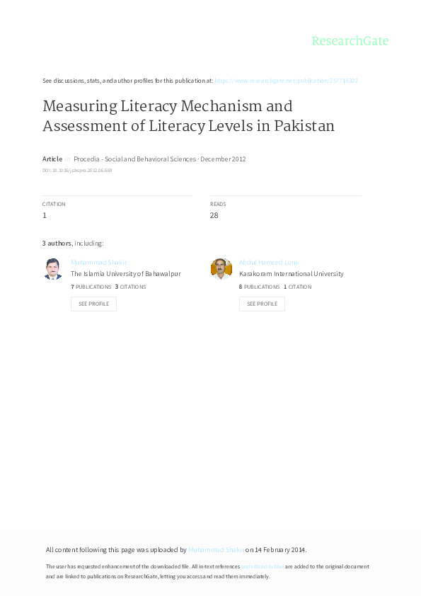 (PDF) Measuring Literacy Mechanism and Assessment of Literacy Levels in ...