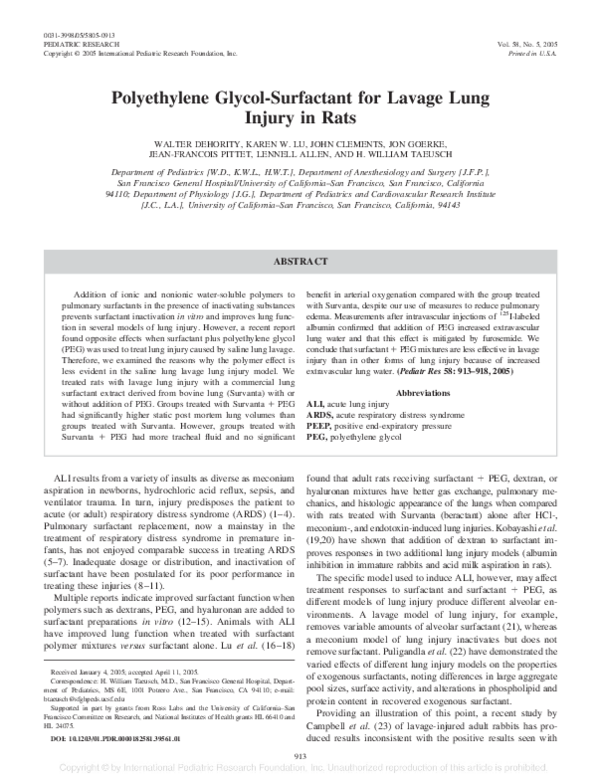 (PDF) Polyethylene Glycol-Surfactant for Lavage Lung Injury in Rats