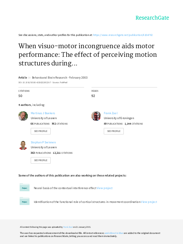 (PDF) When Visuo-Motor Incongruence Aids Motor Performance: the Effect of Perceiving Motion ...
