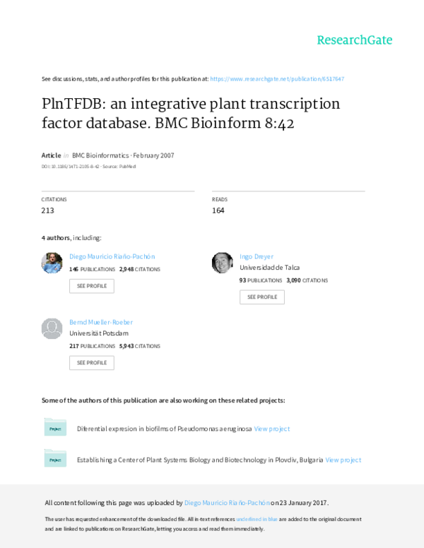 (PDF) PlnTFDB: An Integrative Plant Transcription Factor Database