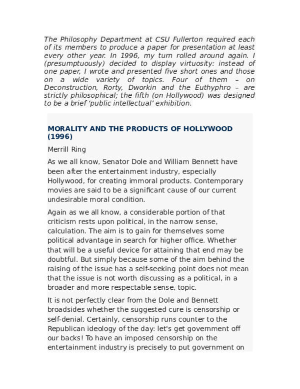 (DOC) Morality and the Products of Hollywood