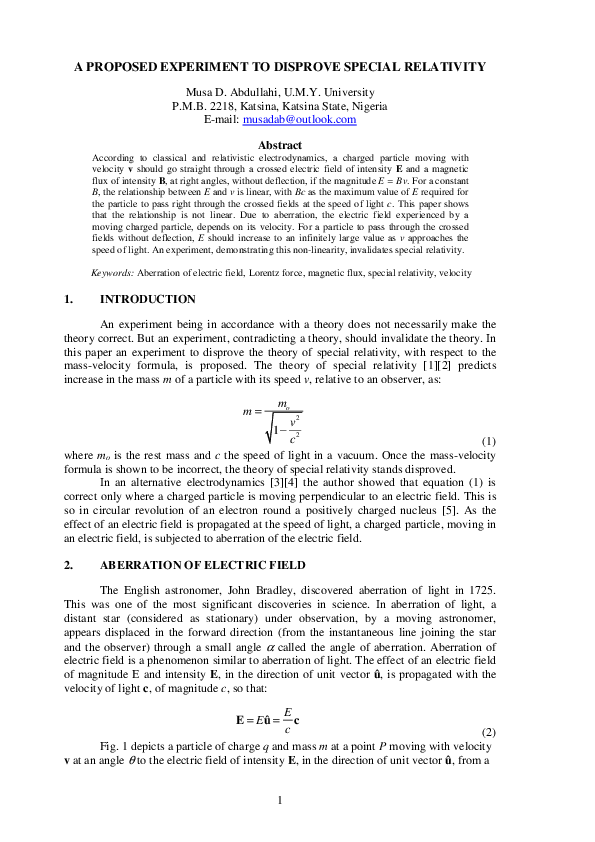 (PDF) A PROPOSED EXPERIMENT TO DISPROVE SPECIAL RELATIVITY
