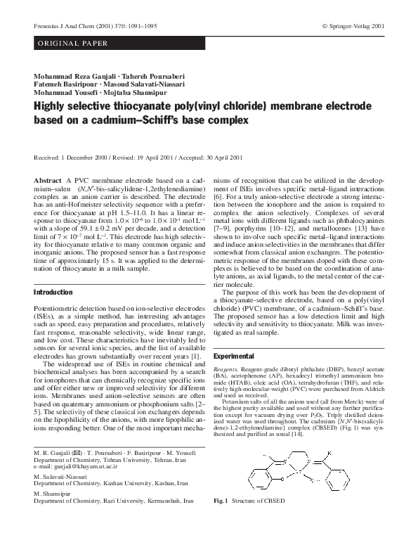 (PDF) Highly Selective Thiocyanate Poly (Vinyl Chloride) Membrane Electrode Based on a Cadmium ...