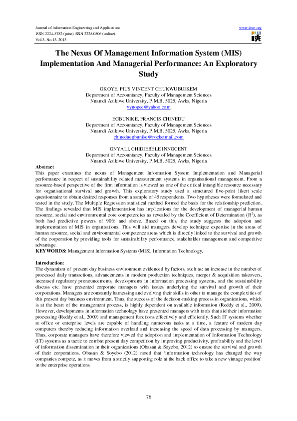 (PDF) The Nexus Of Management Information System (MIS) Implementation ...