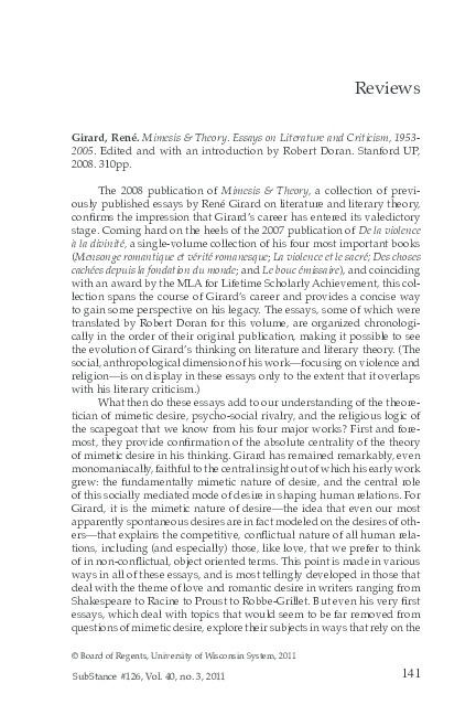 (PDF) Rene Girard, Mimesis & Theory. Essays on Literature and Criticism ...