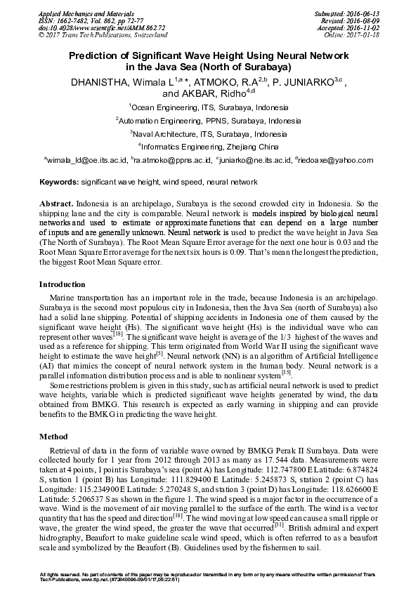 (PDF) Prediction of Significant Wave Height Using Neural Network in the Java Sea (North of Surabaya)