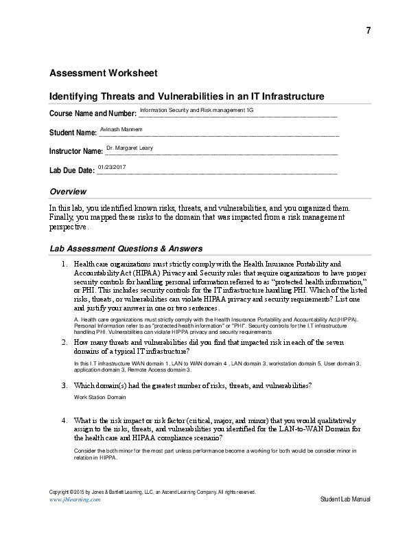 (PDF) Student Lab Manual Assessment Worksheet Identifying Threats and Vulnerabilities in an IT ...