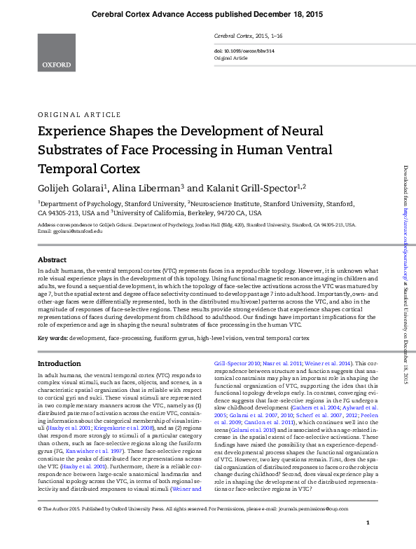 Pdf Experience Shapes The Development Of Neural Substrates Of Face Processing In Human Ventral