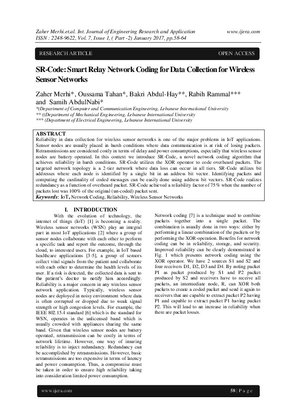 (PDF) SR-Code: Smart Relay Network Coding for Data Collection for Wireless Sensor Networks