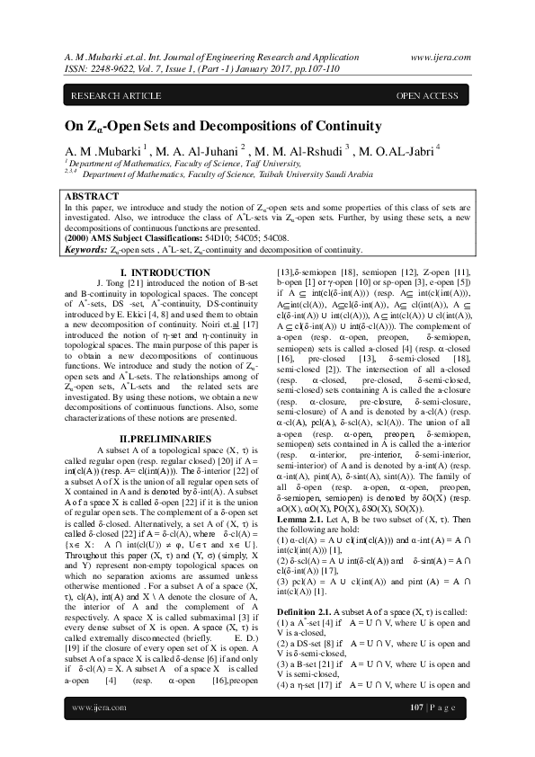 (PDF) On Z α -Open Sets and Decompositions of Continuity