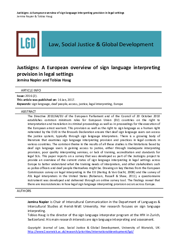 (PDF) Justisigns: A European overview of sign language interpreting ...