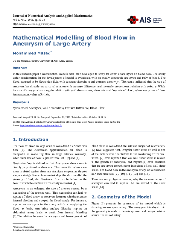 (PDF) Mathematical Modeling of Blood Flow in Aneurysm of Large Artery