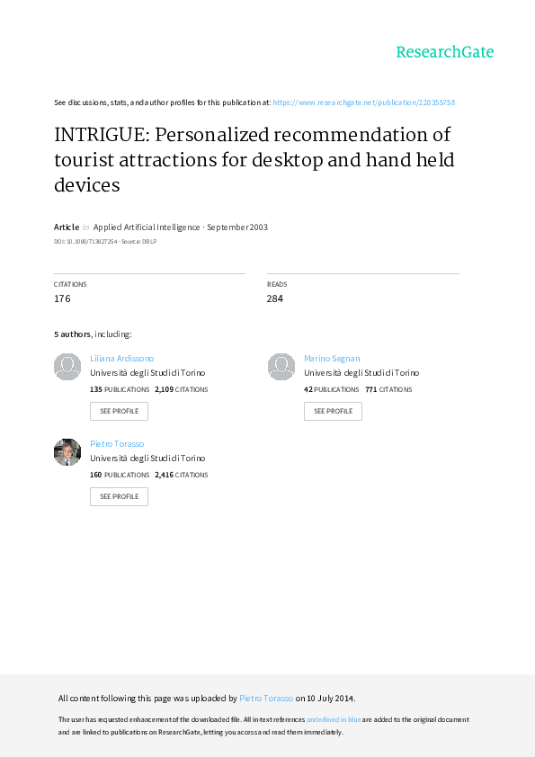 Pdf Intrigue Personalized Recommendation Of Tourist Attractions For Desktop And Hand Held Devices