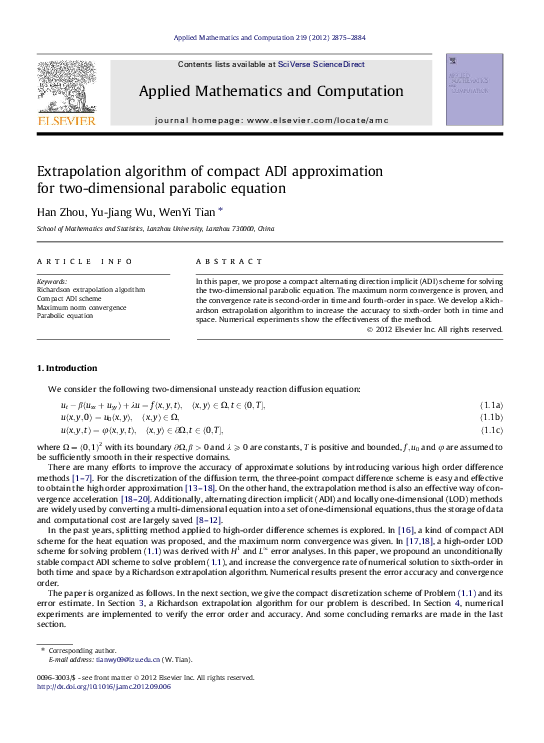 Pdf Extrapolation Algorithm Of Compact Adi Approximation For Two Dimensional Parabolic