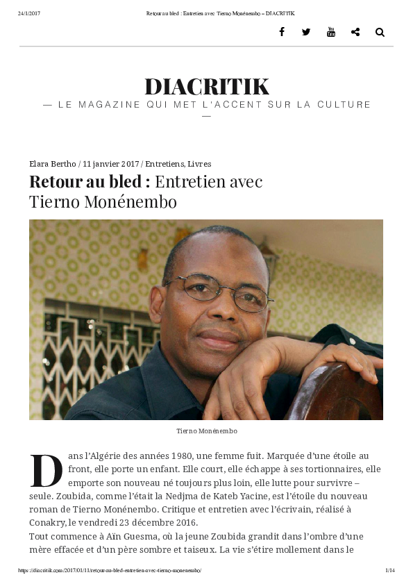 (PDF) Retour au bled : Entretien avec Tierno Monénembo