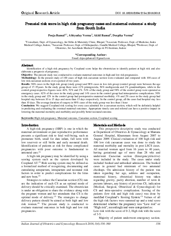 (PDF) Prenatal risk score in high risk pregnancy cases and maternal ...