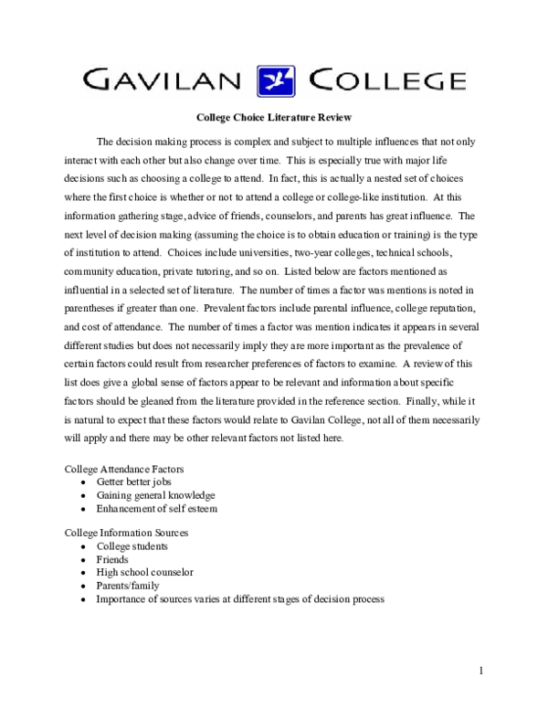 (PDF) College Choice Literature Review