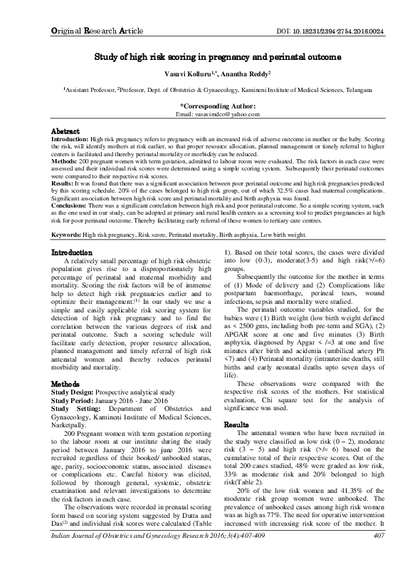(PDF) Study of high risk scoring in pregnancy and perinatal outcome