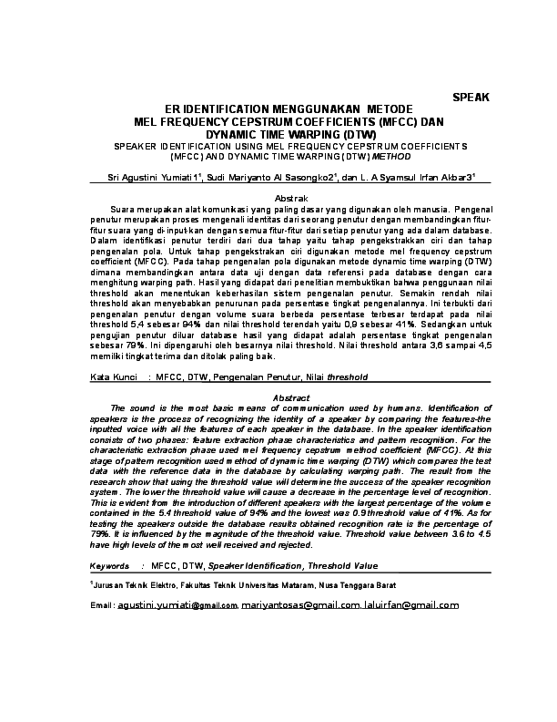 Doc Speaker Identification Menggunakan Metode Mel Frequency Cepstrum Coefficients Mfcc Dan