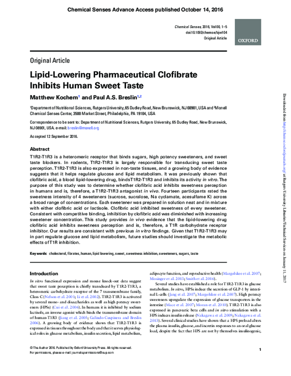 (PDF) Lipid-Lowering Pharmaceutical Clofibrate Inhibits Human Sweet Taste