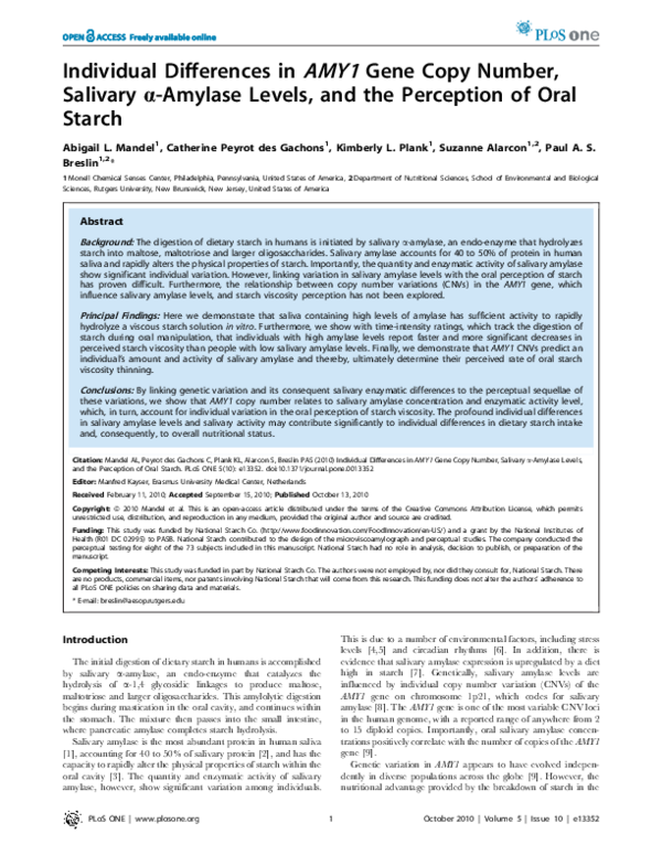(PDF) Individual Differences in AMY1 Gene Copy Number, Salivary a ...