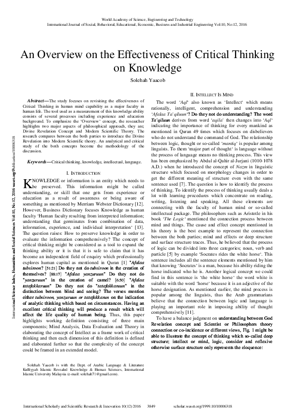 (PDF) An Overview on the Effectiveness of Critical Thinking on Knowledge