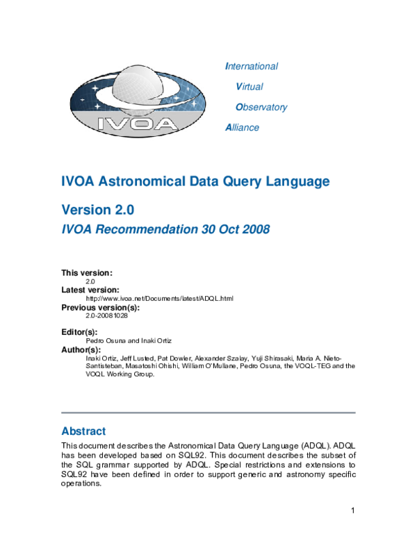 (PDF) IVOA Recommendation: IVOA Astronomical Data Query Language Version 2.00 | Pedro Osuna ...