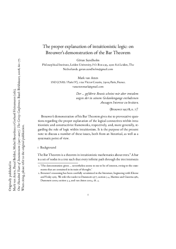 Pdf The Proper Explanation Of Intuitionistic Logic On Brouwer S Demonstration Of The Bar Theorem