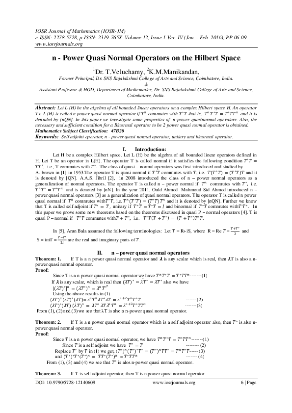 (PDF) n -Power Quasi Normal Operators on the Hilbert Space