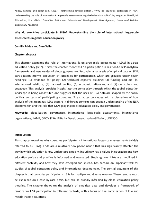 (PDF) Addey, C. and Sellar, S. Why do countries participate in PISA? Understanding the role of ...