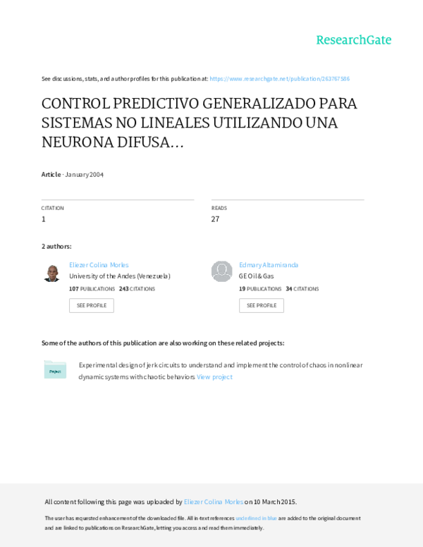 (PDF) Control Predictivo Generalizado Para Sistemas No Lineales Utilizando Una Neurona Difusa ...