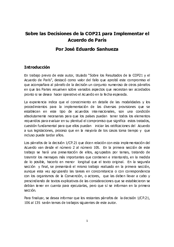 Pdf Sobre Las Decisiones De La Cop21 Para Implementar El Acuerdo De