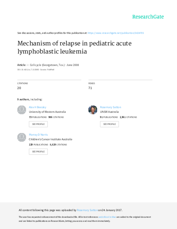 (PDF) Mechanism of relapse in pediatric acute lymphoblastic leukemia