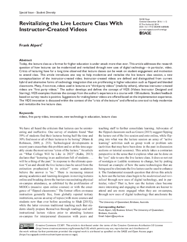 (PDF) Revitalizing the Live Lecture Class with Instructor-Created Videos
