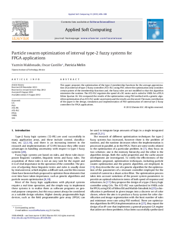 Pdf Particle Swarm Optimization Of Interval Type 2 Fuzzy Systems For Fpga Applications
