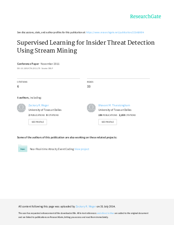 Pdf Supervised Learning For Insider Threat Detection Using Stream Mining